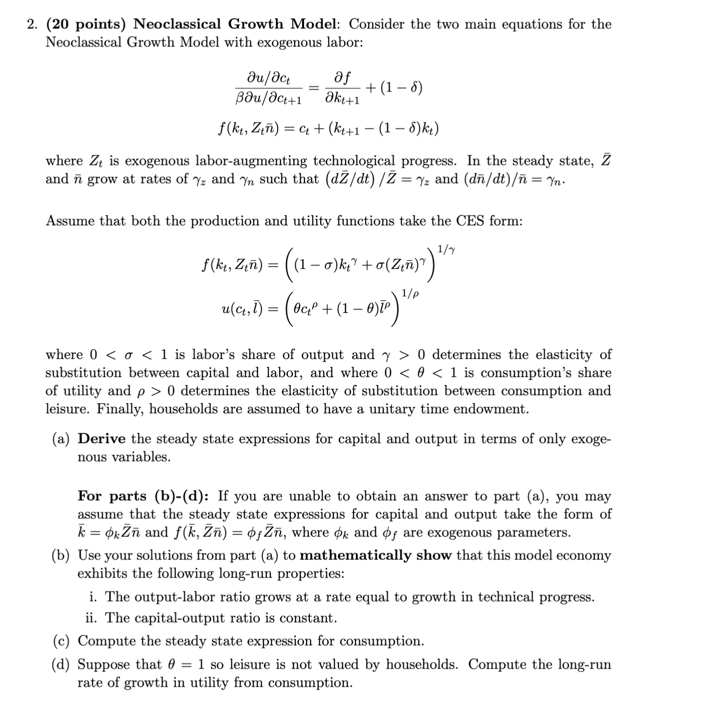 Solved 2. (20 points) Neoclassical Growth Model: Consider | Chegg.com