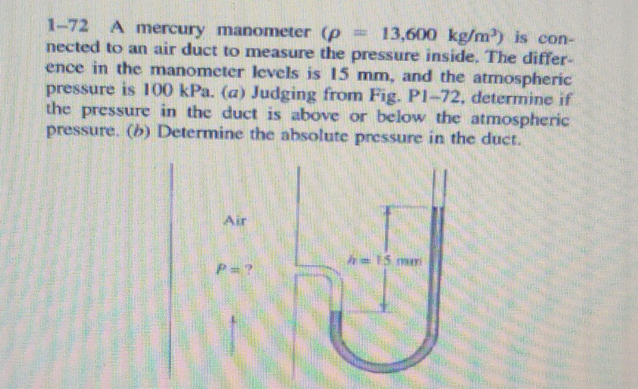 Solved 1-72 A mercury manometer (p = 13,600 kg/m?) is con- | Chegg.com