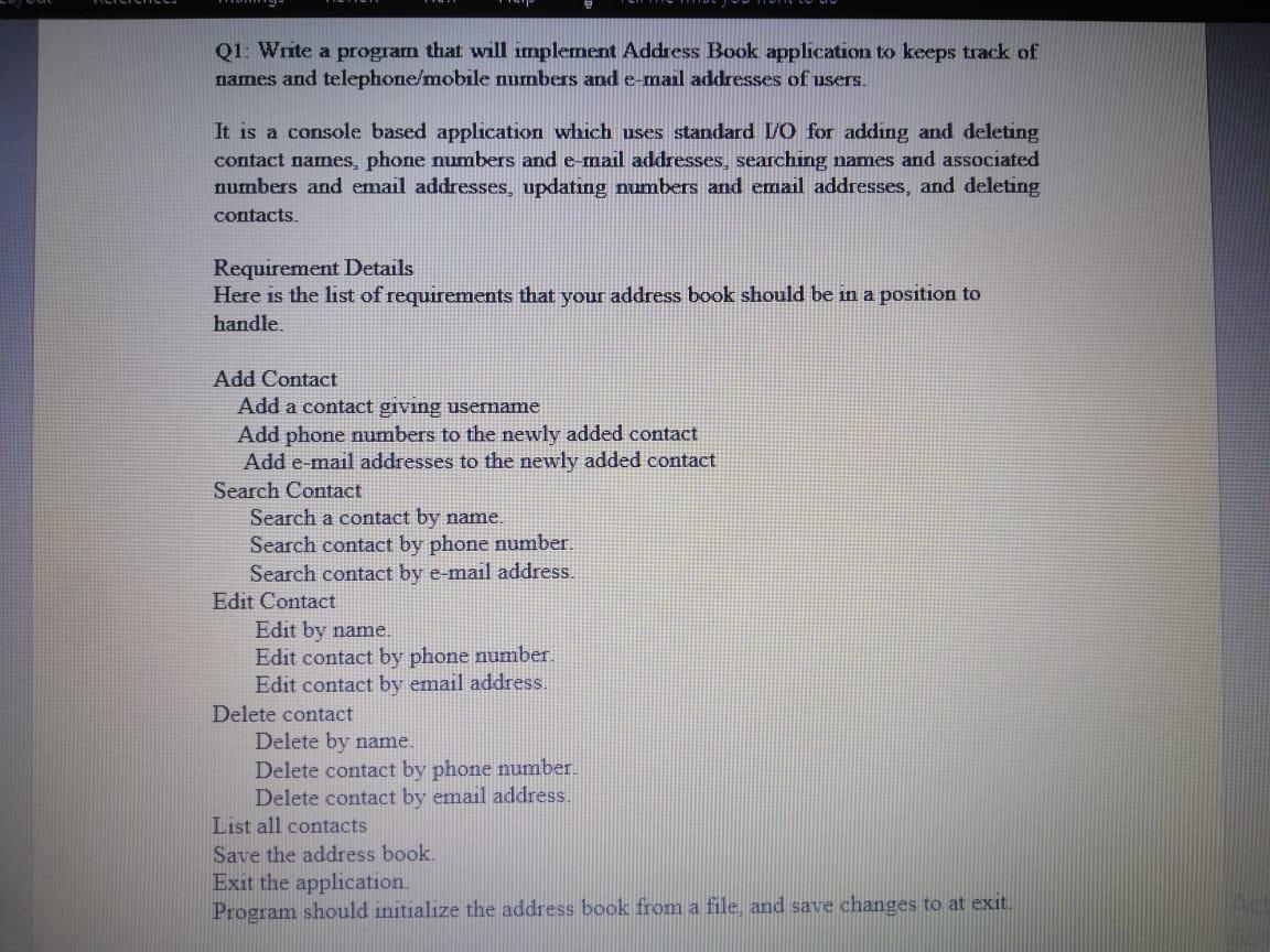 Q1: Write a program that will implement Address Book | Chegg.com