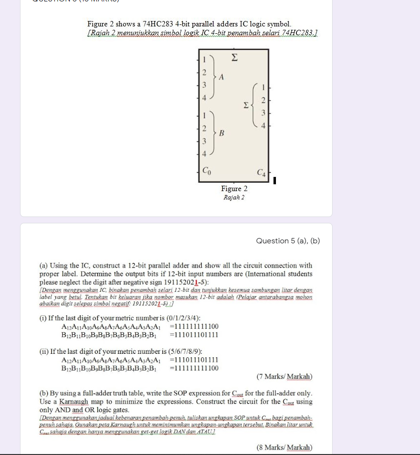 Solved Figure 2 shows a 74HC283 4-bit parallel adders IC | Chegg.com