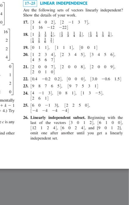 Solved 17-25 LINEAR INDEPENDENCE 0 Are the following sets of | Chegg.com