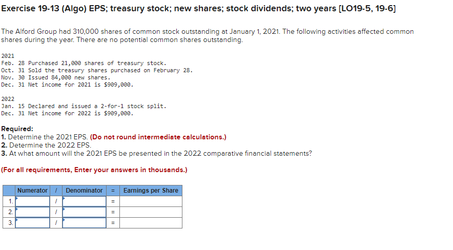 Solved Exercise 19-13 (Algo) EPS; treasury stock; new | Chegg.com