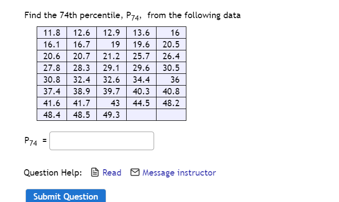 Solved Find the 74th percentile, P74, from the following | Chegg.com