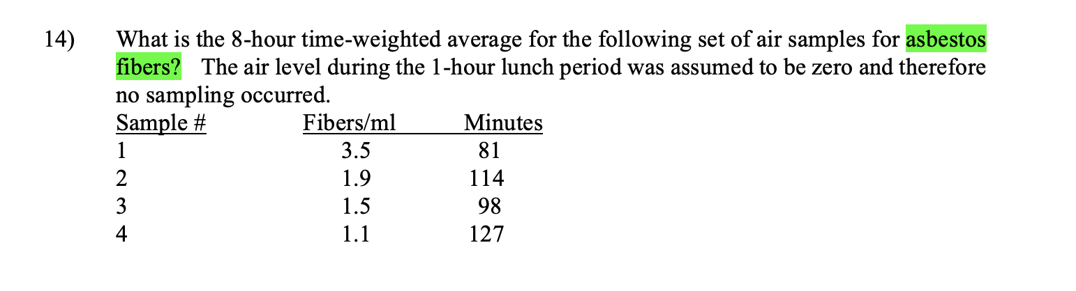 Solved 14) What is the 8-hour time-weighted average for the | Chegg.com