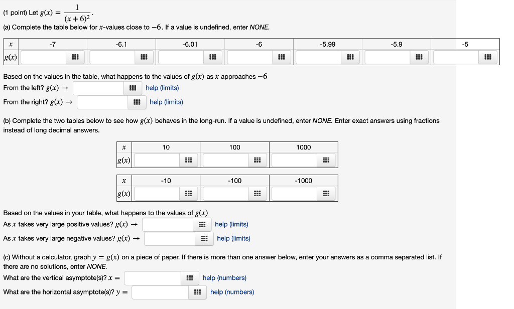 Solved (1 point) Let g(x) = (a) Complete the table below for | Chegg.com