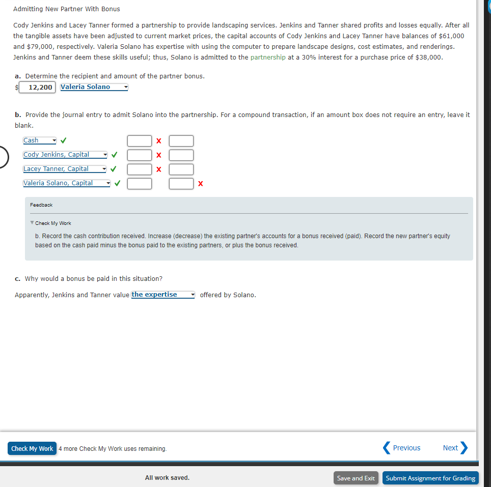 Solved Admitting New Partner With Bonus Cody Jenkins and | Chegg.com