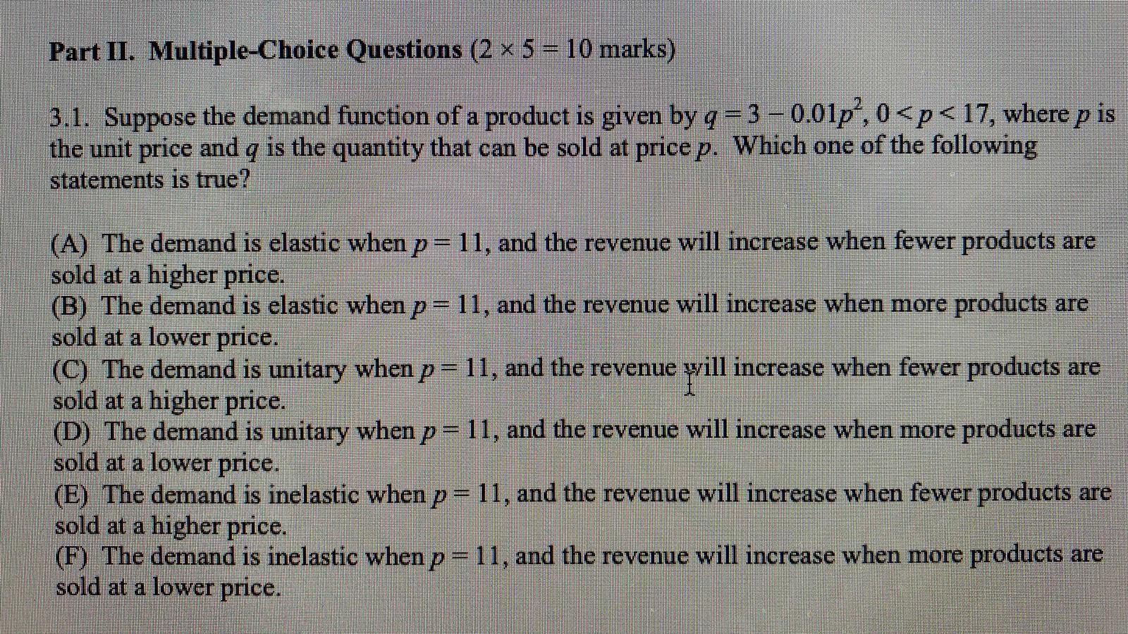 Solved Part II. Multiple-Choice Questions (2 x 5 = 10 marks) | Chegg.com