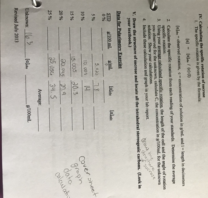 Solved IV. Calculating the specific rotation of sucrose 1. | Chegg.com