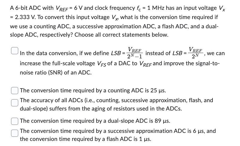 Solved A 6-bit ADC with VREF=6 V and clock frequency fc=1MHz | Chegg.com