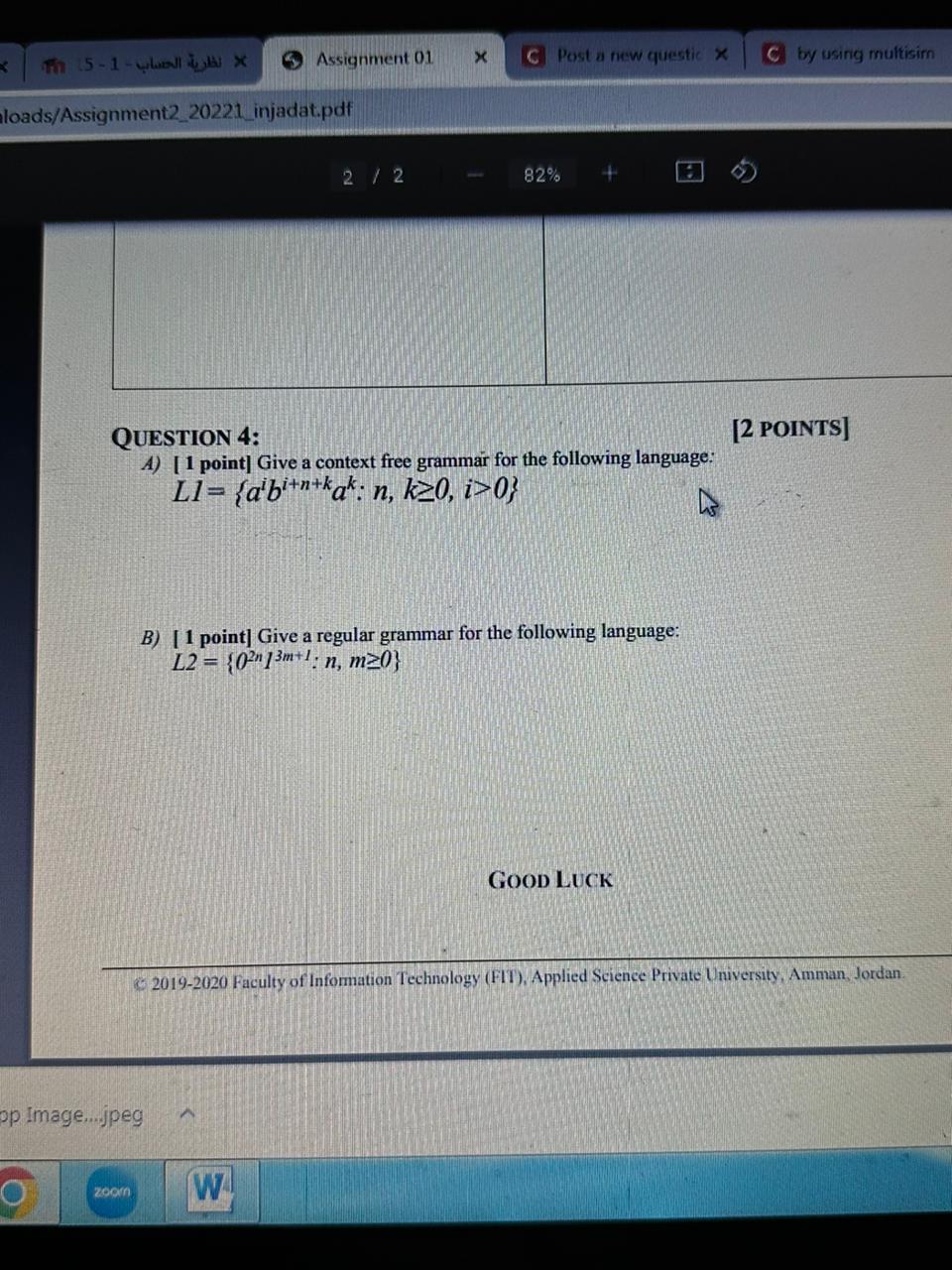 Solved QUESTION 4: A) [1 point] Give a context free grammar | Chegg.com
