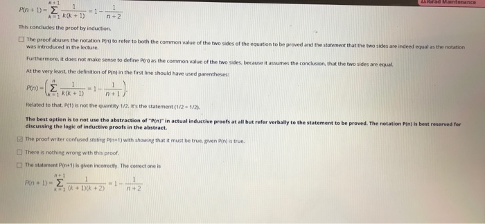 Solved Proof: let n+ 1 Base case: P(1) 1/2. Inductive step: | Chegg.com