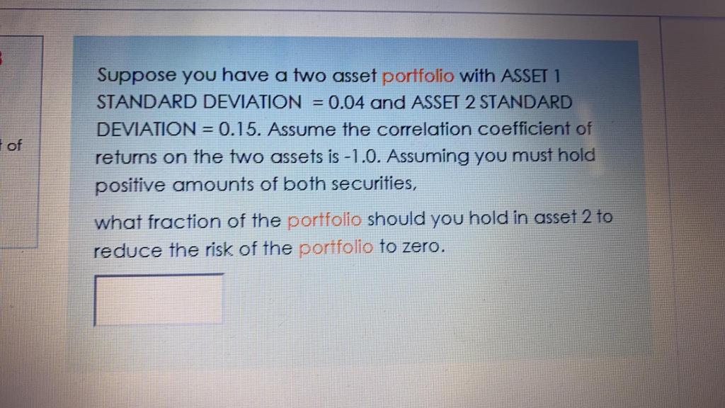 Solved Suppose you have a two asset portfolio with ASSET 1 | Chegg.com