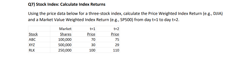 Solved Q7) Stock Index: Calculate Index Returns Using the | Chegg.com