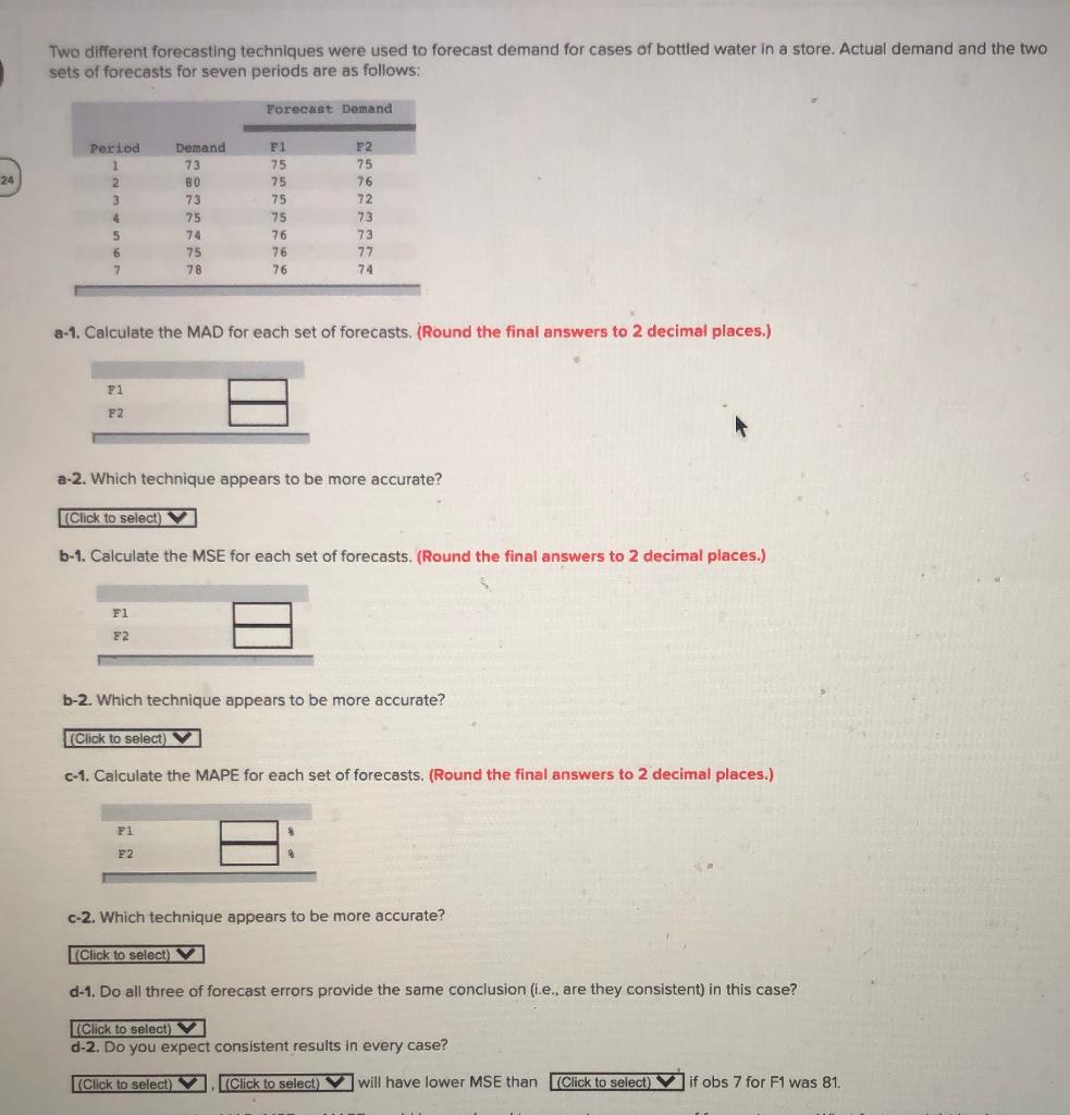 Solved Two different forecasting techniques were used to | Chegg.com