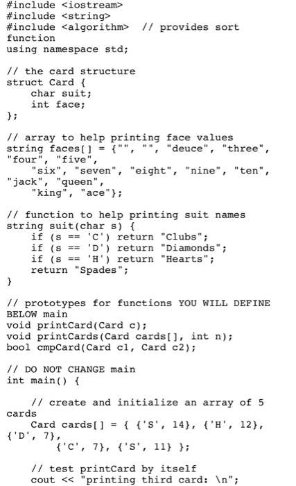 Solved b. Implement printCard to neatly print the face and | Chegg.com