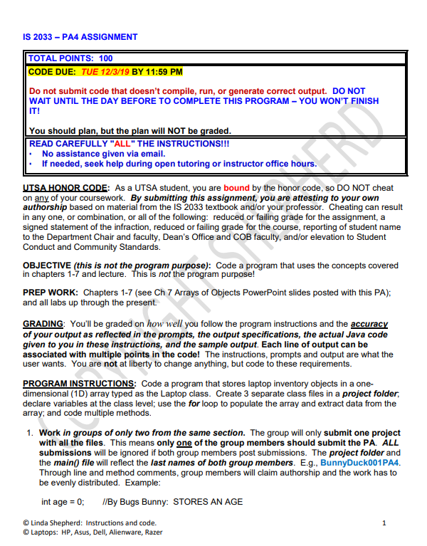 Solved IS 2033 - PA4 ASSIGNMENT TOTAL POINTS: 100 CODE DUE: | Chegg.com