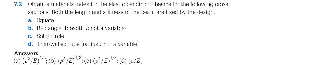 Solved 7.2 Obtain a materials index for the elastic bending | Chegg.com