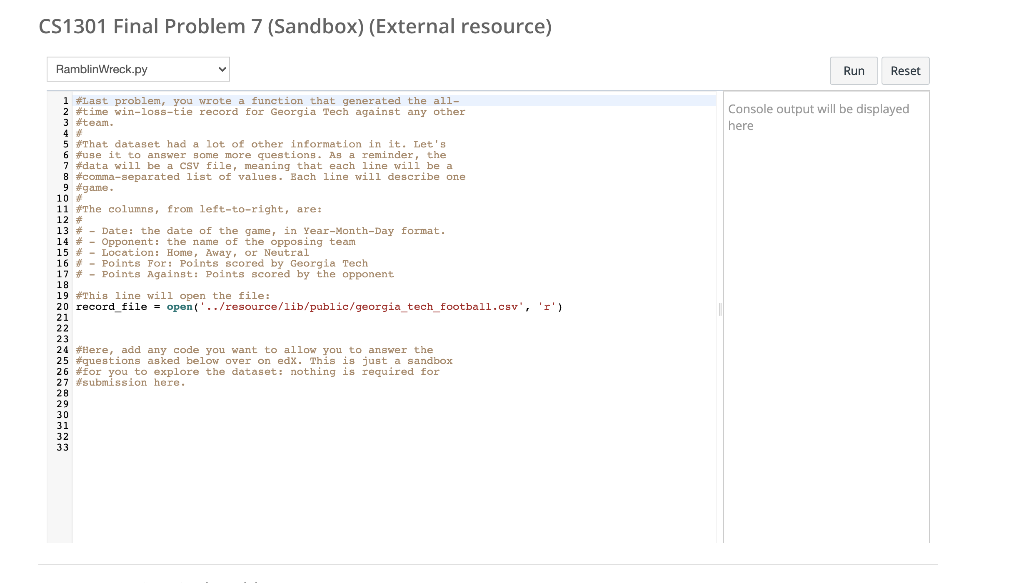 CS1301 Final Problem 7 (Sandbox) (External resource) | Chegg.com