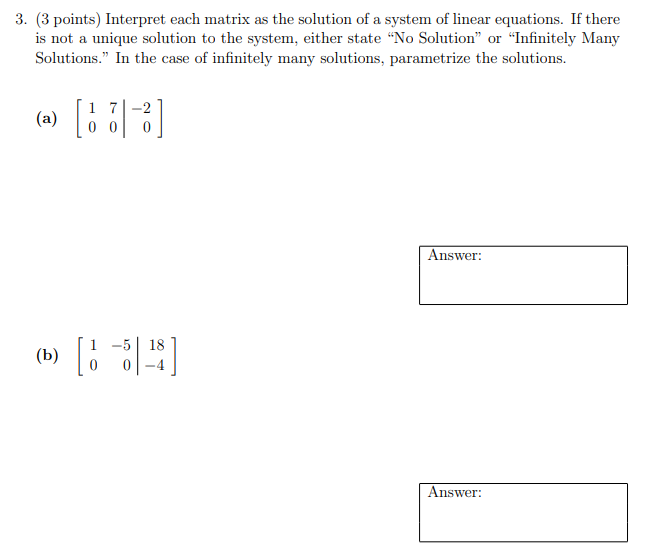 Solved 3. (3 points) Interpret each matrix as the solution | Chegg.com