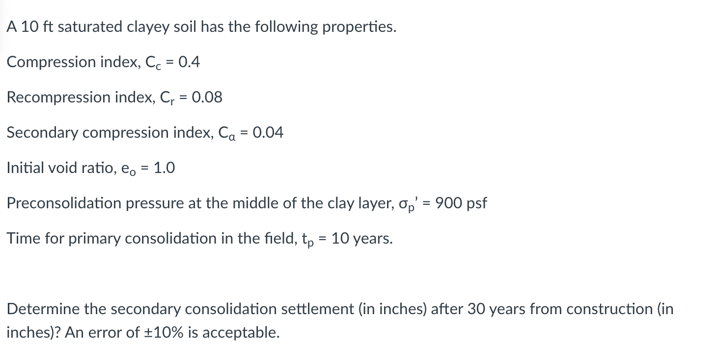 Solved A 10 ft saturated clayey soil has the following | Chegg.com
