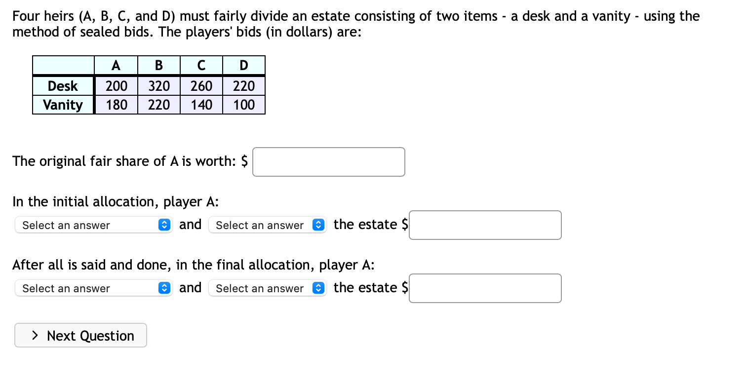 Solved Four heirs (A, B, C, and D) must fairly divide an | Chegg.com