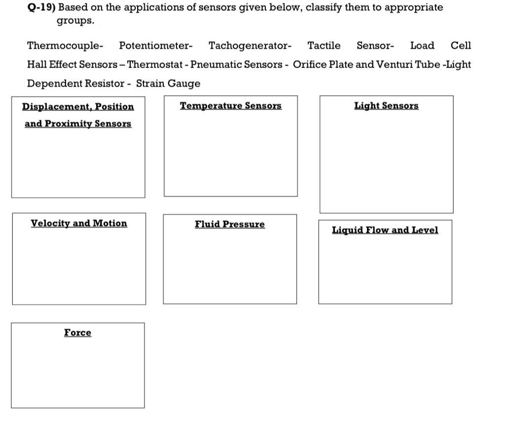 Solved Q-19) ﻿Based on the applications of sensors given | Chegg.com