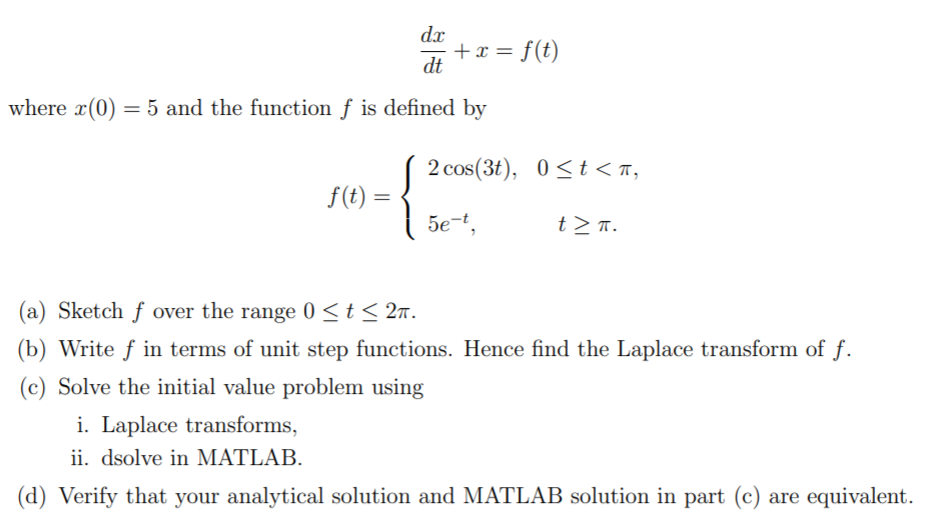 Solved dr + x = f(t) dt where x(0) = 5 and the function f is | Chegg.com