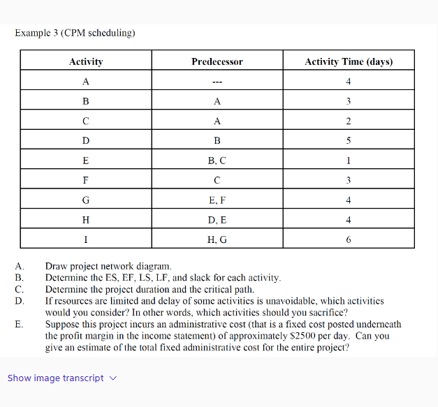Solved Example 3 (CPM scheduling)A. ﻿Draw project network | Chegg.com