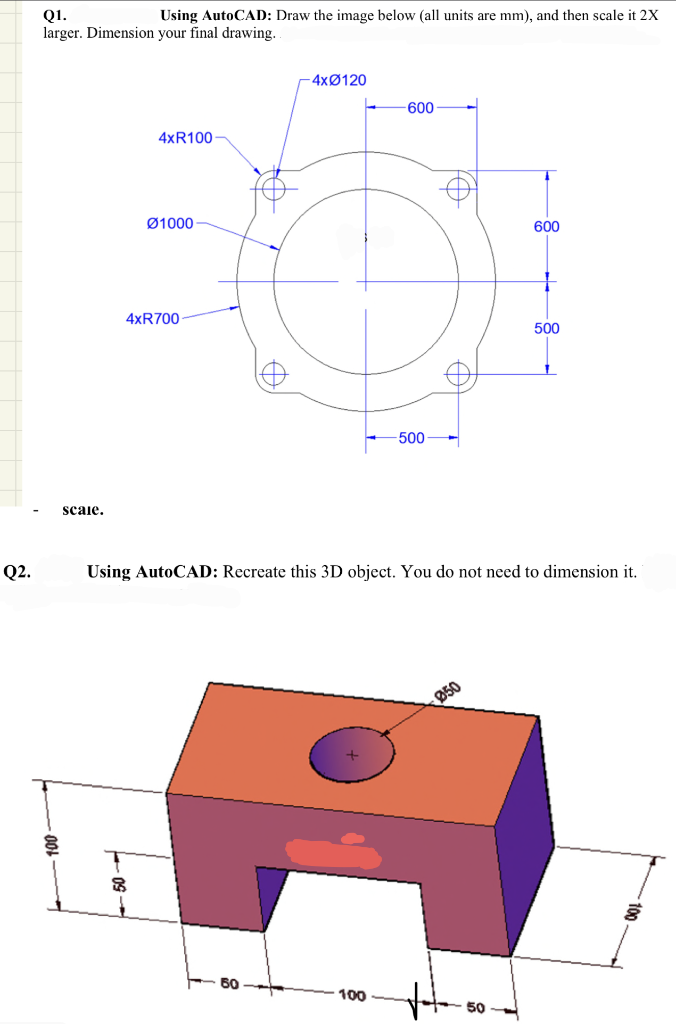 Solved Q1. Using AutoCAD: Draw the image below (all units | Chegg.com