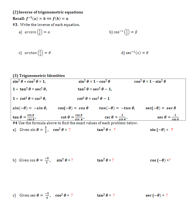 Solved (2) Inverse of trigonometric equations Recall: | Chegg.com