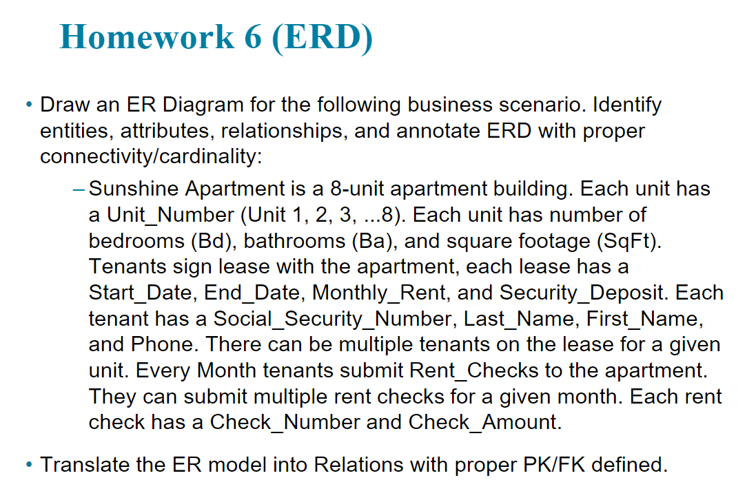 Solved Homework 6 (ERD) • Draw an ER Diagram for the | Chegg.com