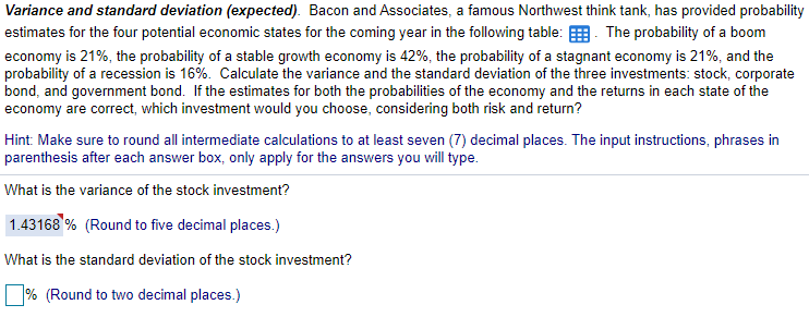 Solved Variance and standard deviation (expected). Bacon and | Chegg.com