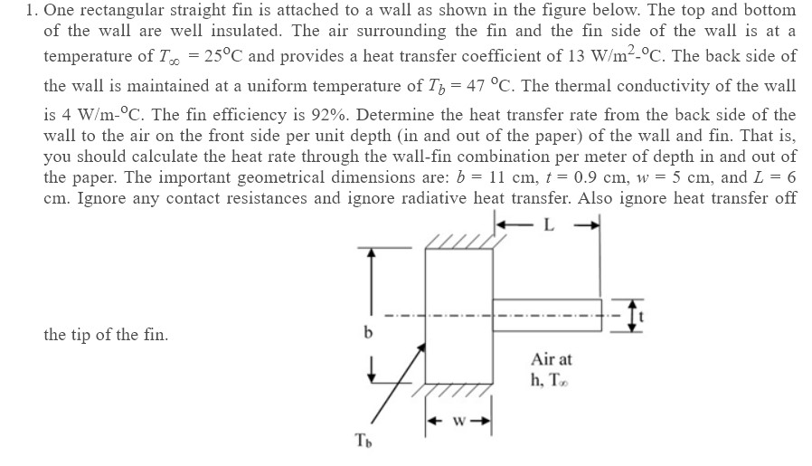 Solved 1. One rectangular straight fin is attached to a wall | Chegg.com