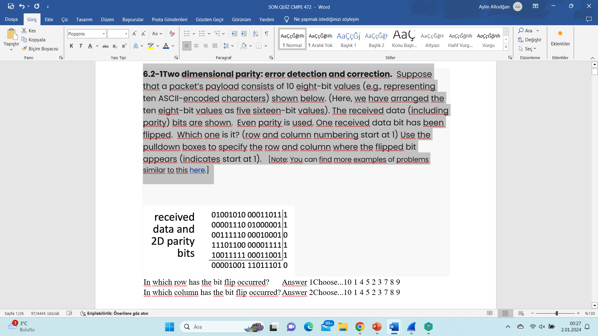 In which row has the bit flip occurred? Answer | Chegg.com