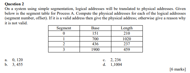 Solved Question 2 On a system using simple segmentation, | Chegg.com