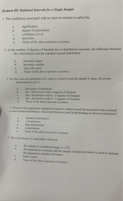 Solved Problem I:Statistical Intervals for a Single Sample | Chegg.com