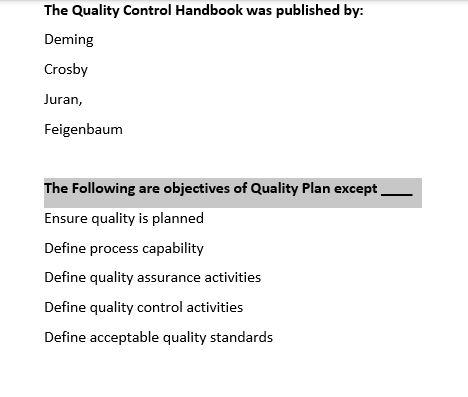 Solved The Quality Control Handbook was published by: Deming | Chegg.com