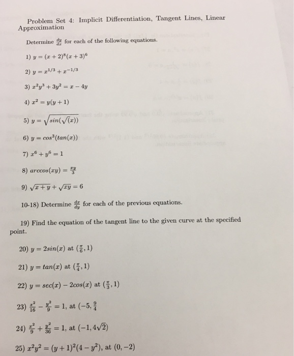 Solved Problem Set 4: Implicit Differentiation, Tangent | Chegg.com