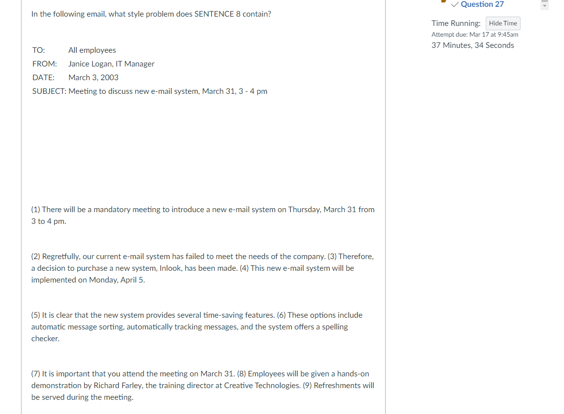 Solved Question 27 In the following email, what style | Chegg.com