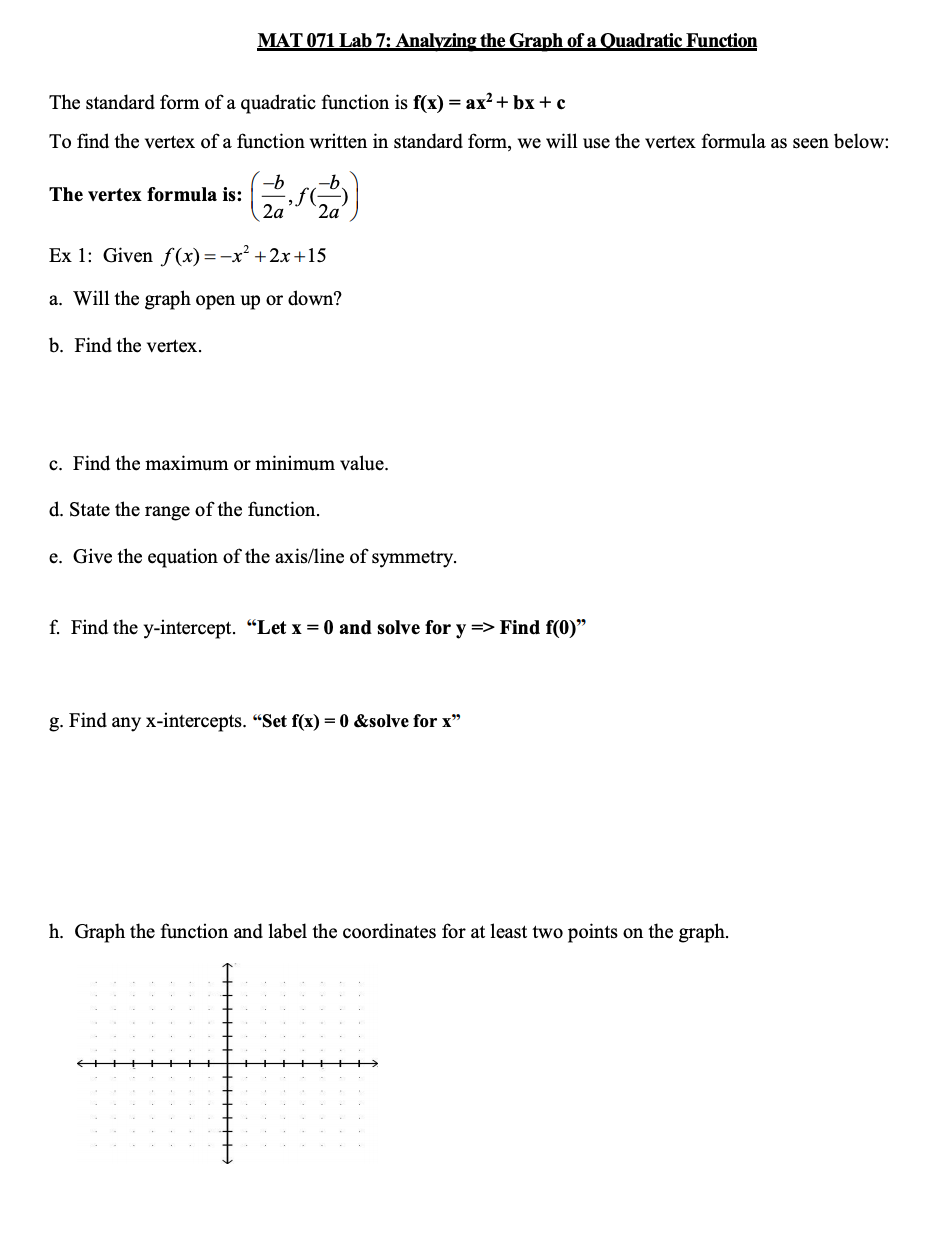 Solved MAT 071 Lab 7: Analyzing the Graph of a Quadratic | Chegg.com