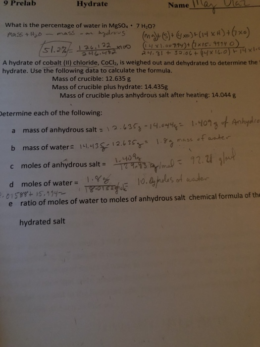 Solved 9 Prelab Hydrate what is the percentage of water in | Chegg.com