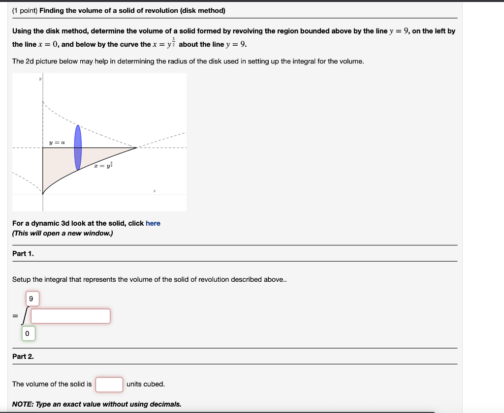 Solved (1 point) Finding the volume of a solid of revolution | Chegg.com