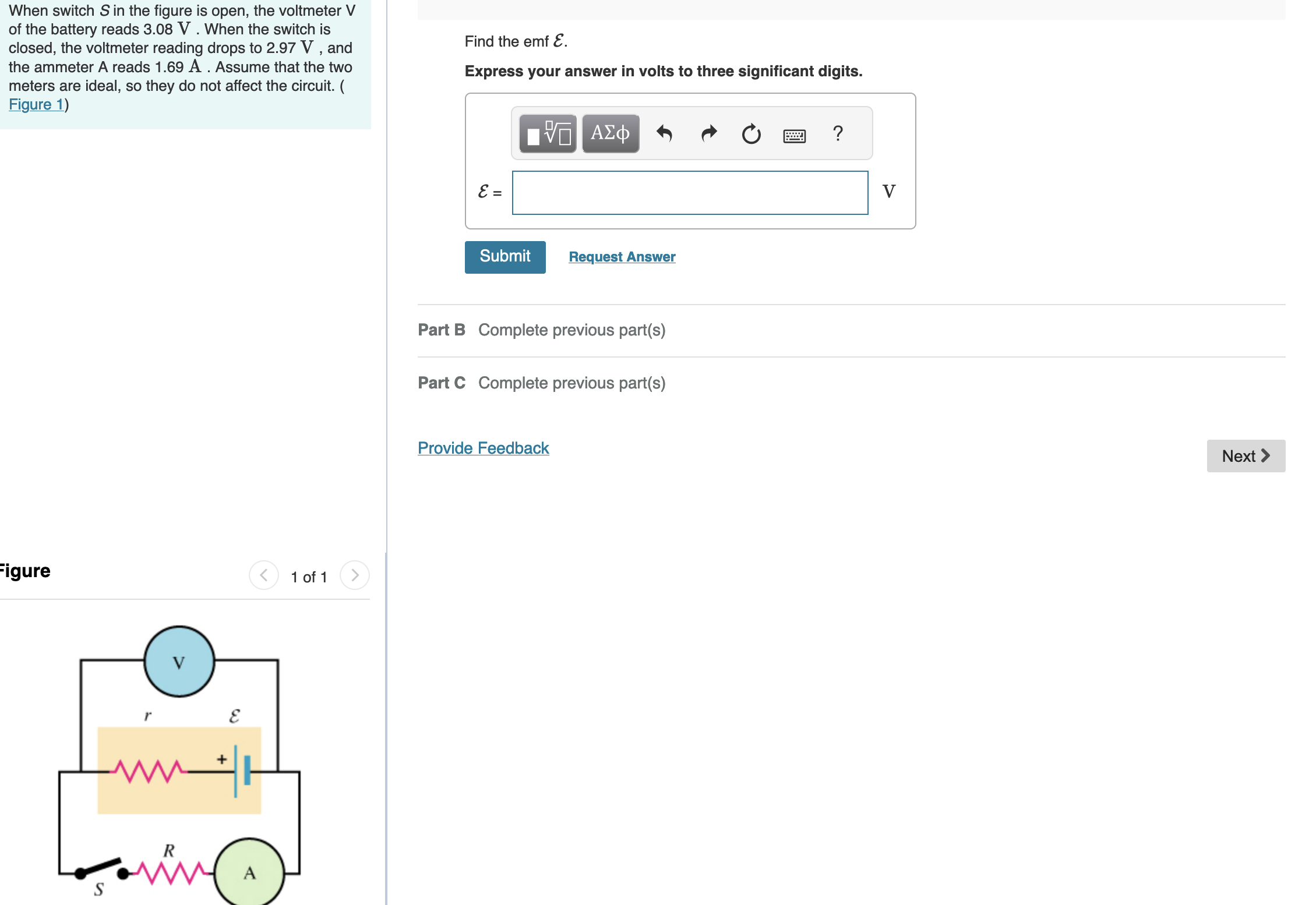 Solved When switch S in the figure is open, the voltmeter V | Chegg.com