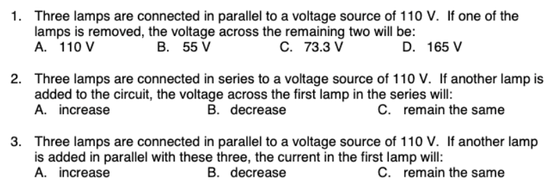 Solved 1. Three lamps are connected in parallel to a voltage | Chegg.com