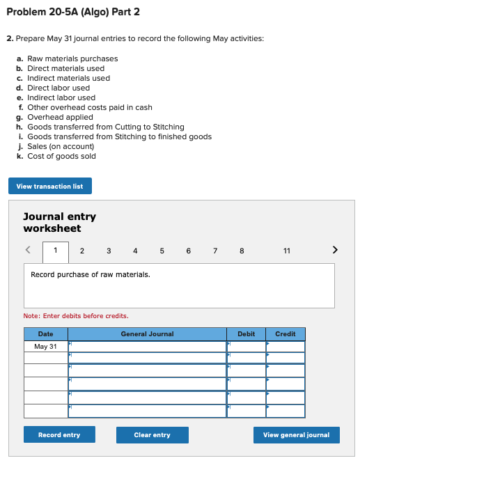 Solved Required information Problem 20-5A (Algo) Production | Chegg.com