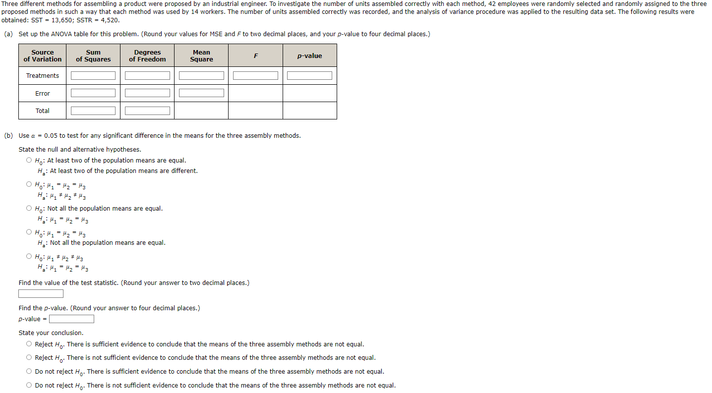 Solved Three different methods for assembling a product were | Chegg.com