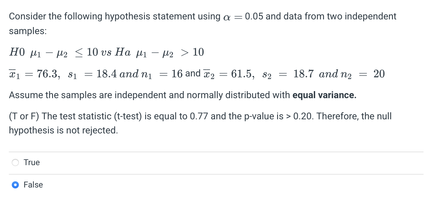Solved Consider the following hypothesis statement using | Chegg.com