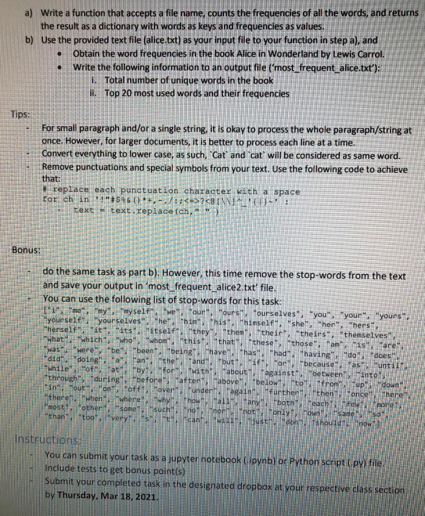 Solved a) Write a function that accepts a file name, counts | Chegg.com
