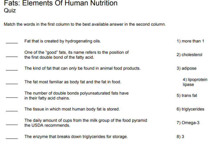 Solved Fats: Elements Of Human Nutrition Quiz Match the | Chegg.com