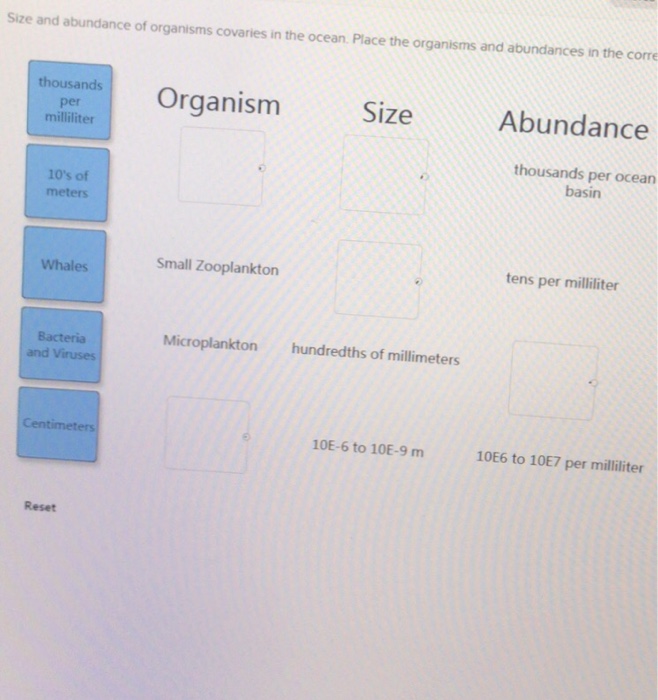 Solved Size and abundance of organisms covaries in the ocean | Chegg.com